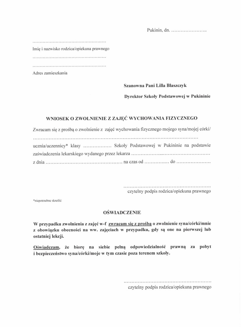 Wniosek o zwolnienie z zajęć wychowania fizycznego - Szkoła Podstawowa ... Wniosek o zwolnienie z zajęć wychowania fizycznego - Szkoła Podstawowa ...